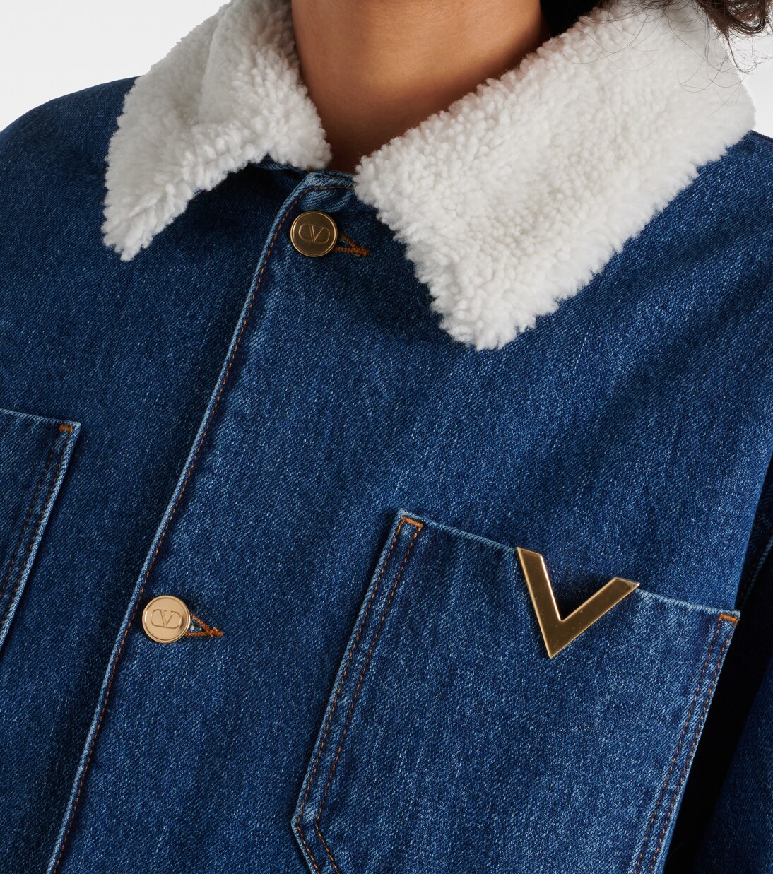Shearling-trimmed denim jacket in blue - Valentino | Mytheresa