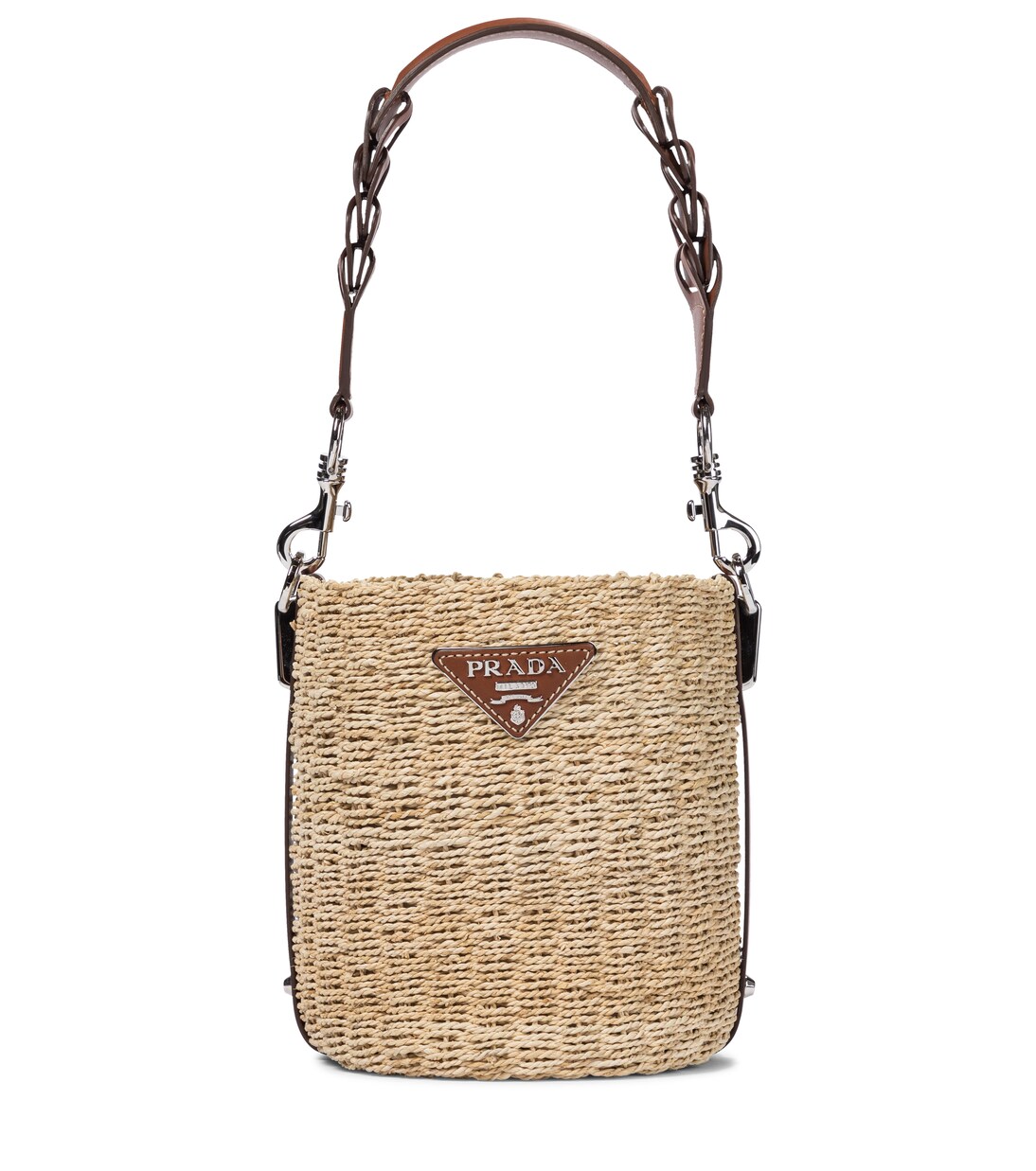 Raffia and leather bucket bag in beige - Prada | Mytheresa