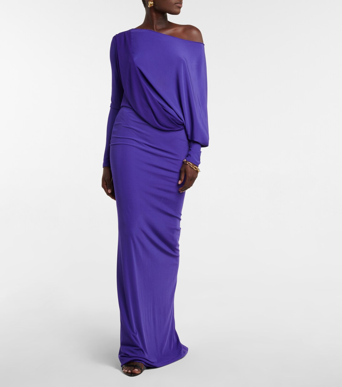 Draped off-shoulder jersey gown in blue - Tom Ford | Mytheresa