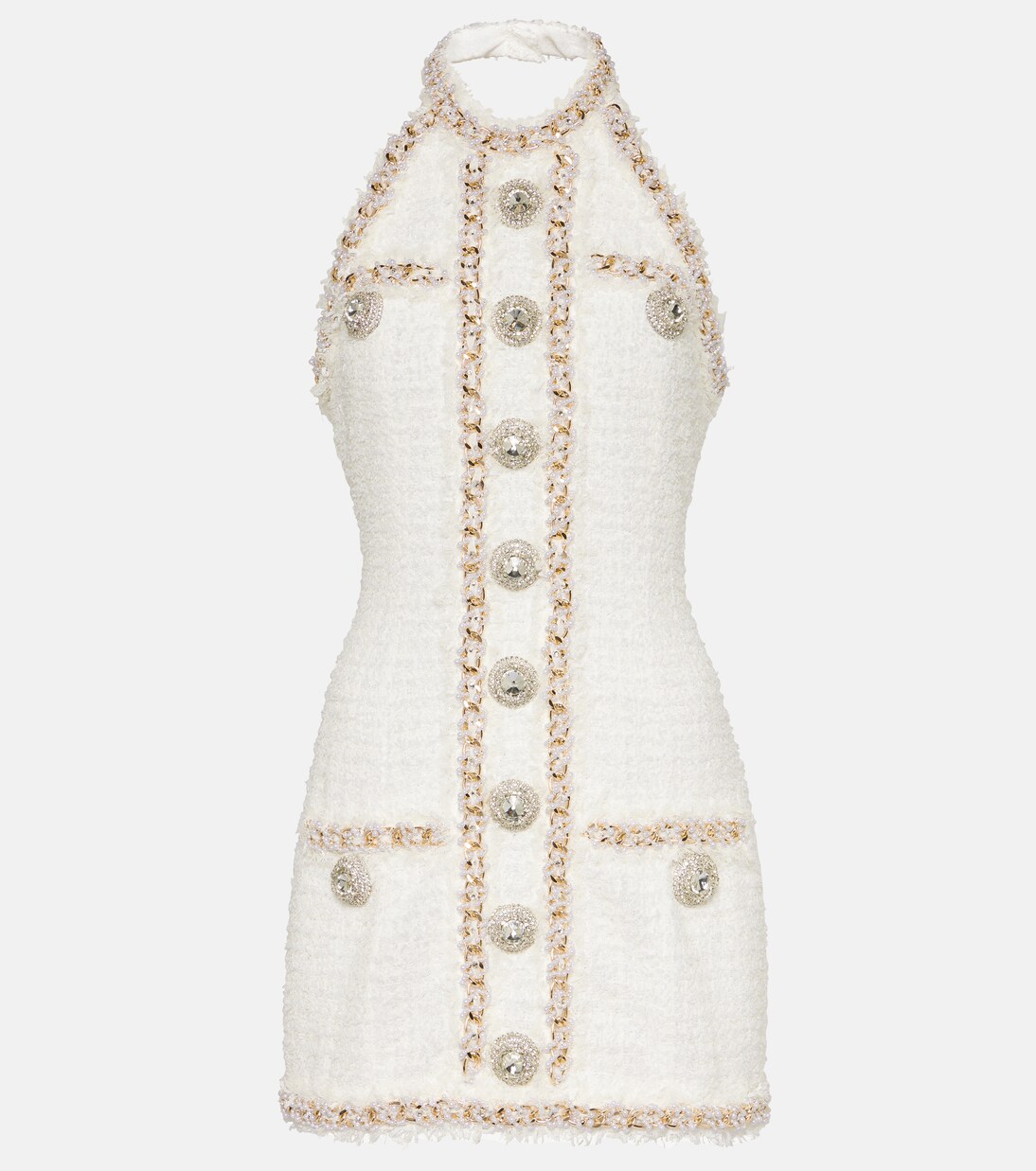 Halterneck embellished tweed minidress in white - Balmain | Mytheresa