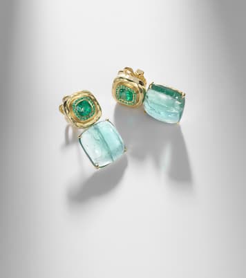 Double Orbit 18kt gold earrings with tourmaline and emeralds in gold ...